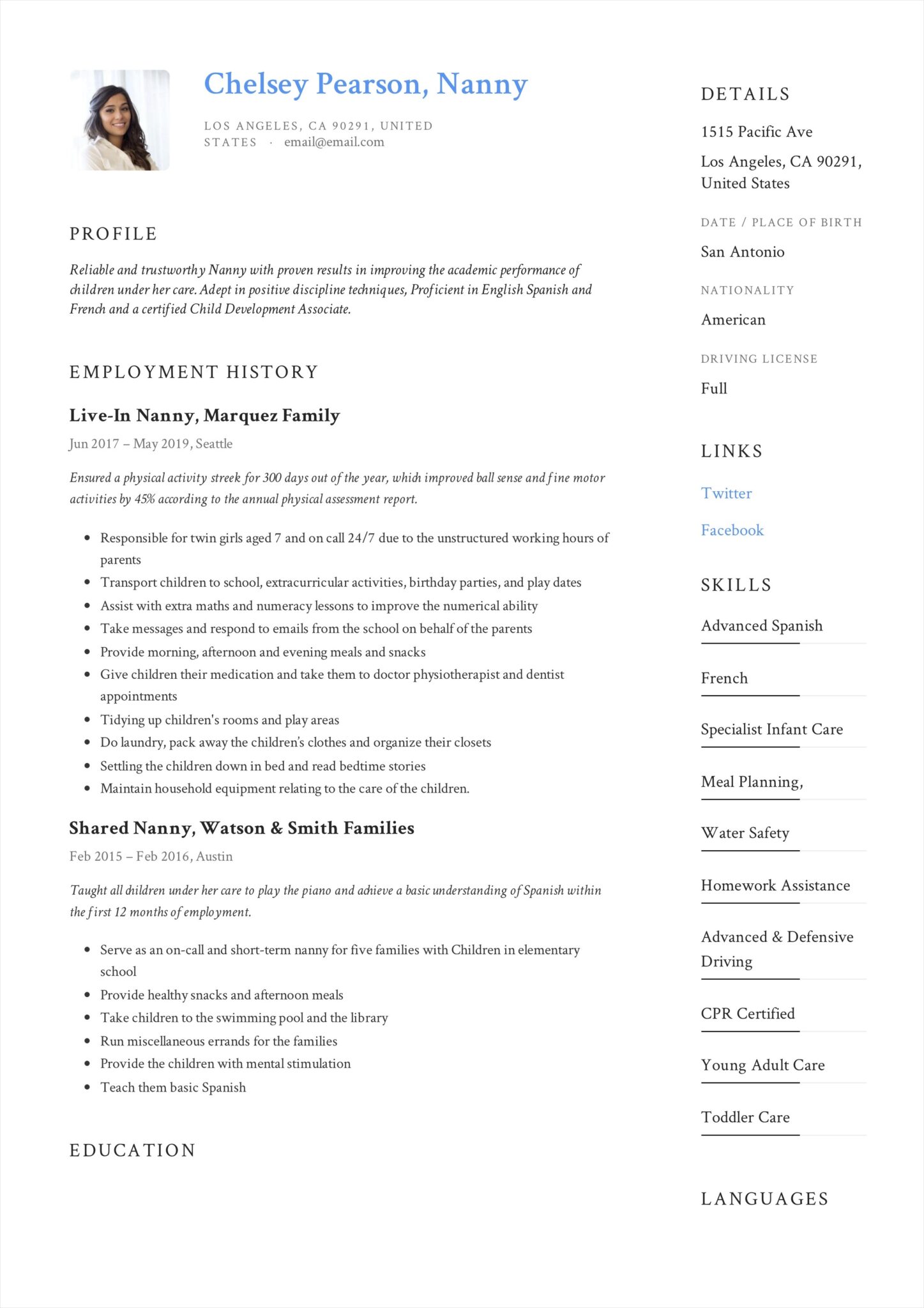 Free Printable Nanny Resume Template