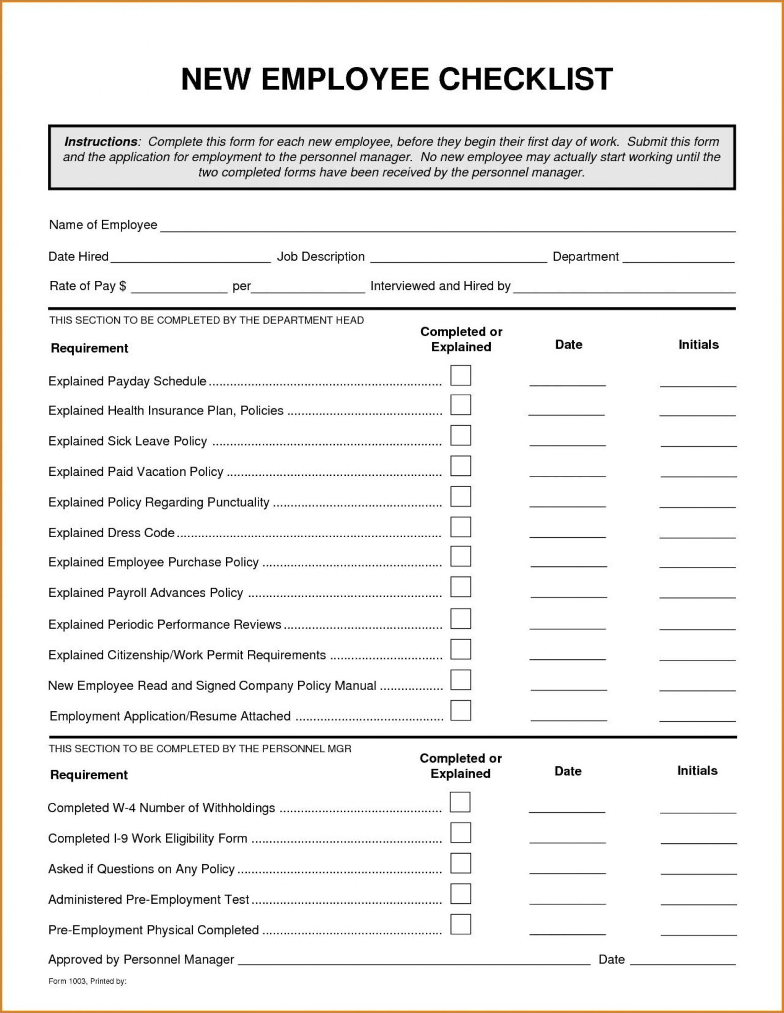 New Employee Checklist Template