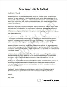 Parole Support Letter Template for Boyfriend