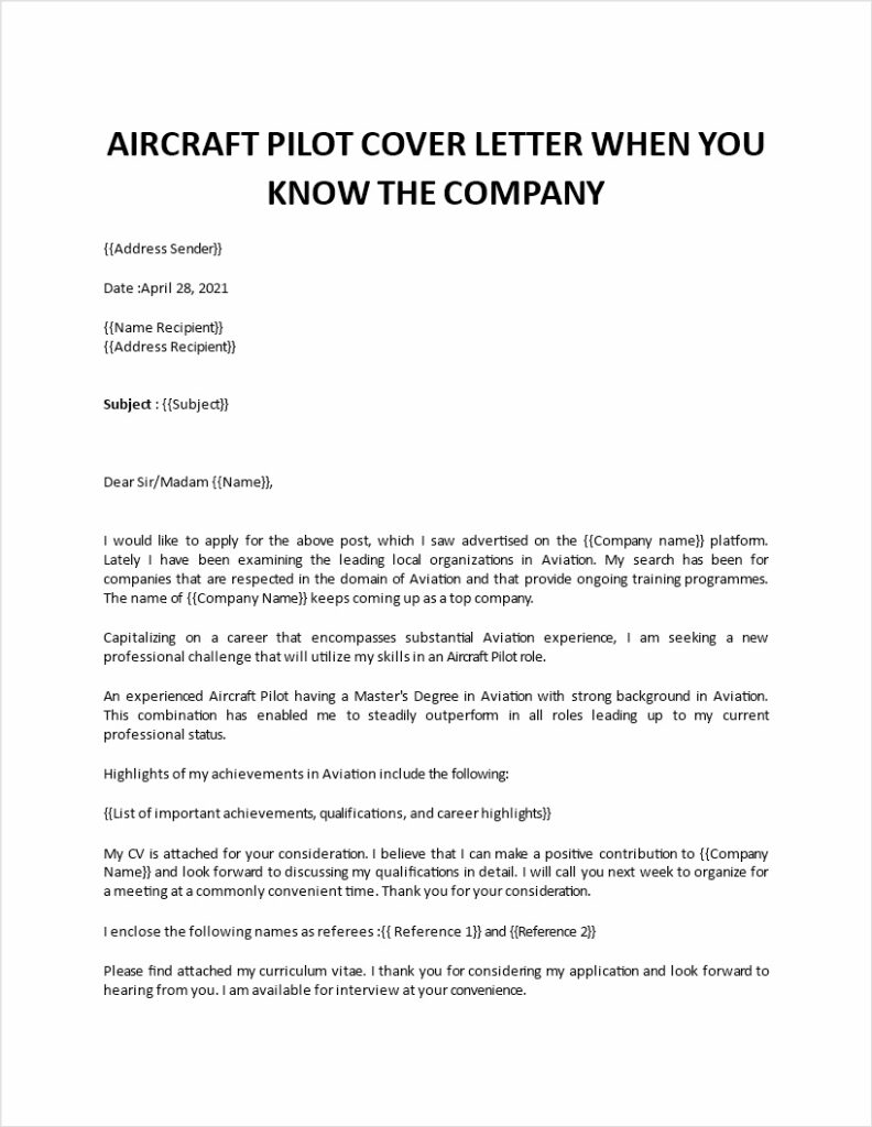 Free Printable Pilot Cover Letter Template