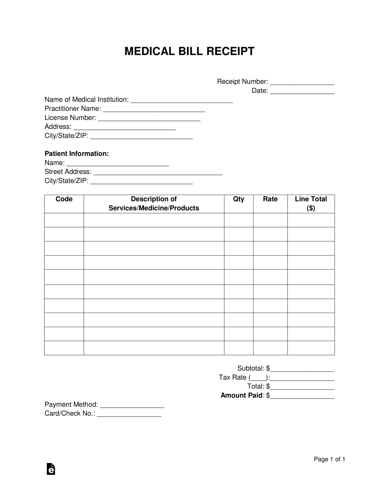 Printable Bill Receipt Template
