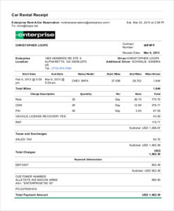 Printable Car Rental Receipt Template