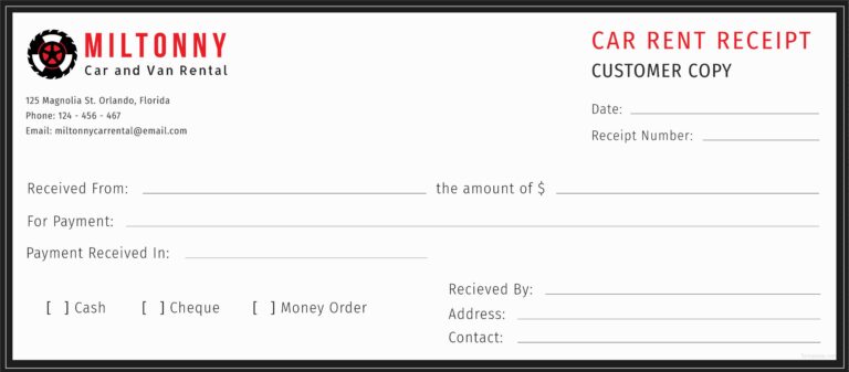Printable Car Rental Receipt Template