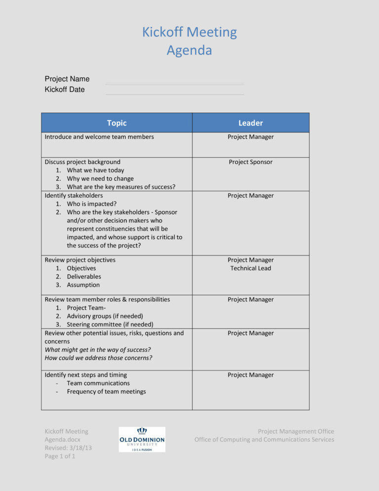 Printable Project Kickoff Meeting Agenda Template