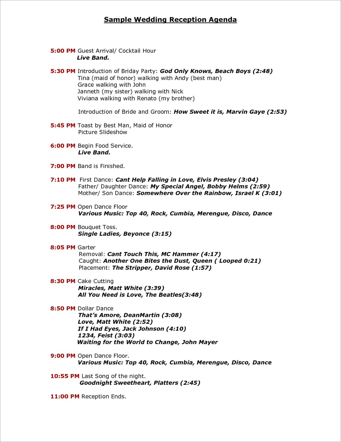 Reception Schedule Template