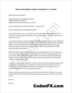 Recommendation Letter Template For Teacher