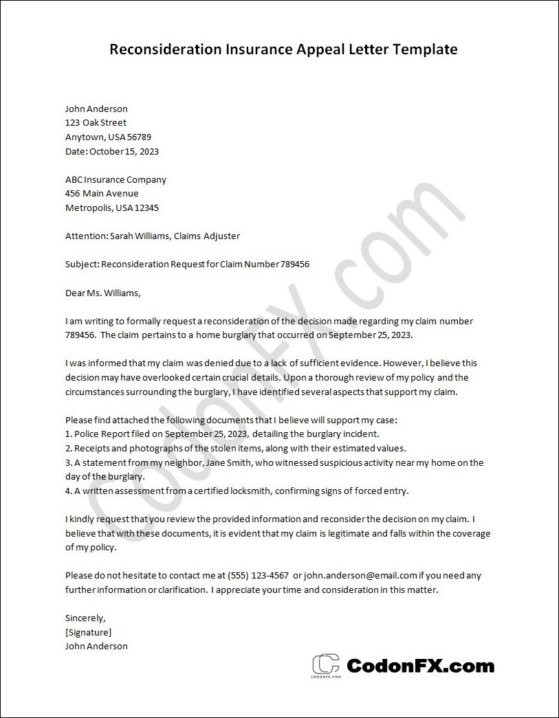Reconsideration Insurance Appeal Letter Template Reconsideration Insurance Appeal Letter Template