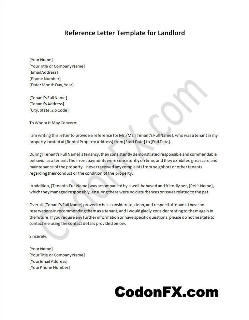 Reference Letter Template for Landlord