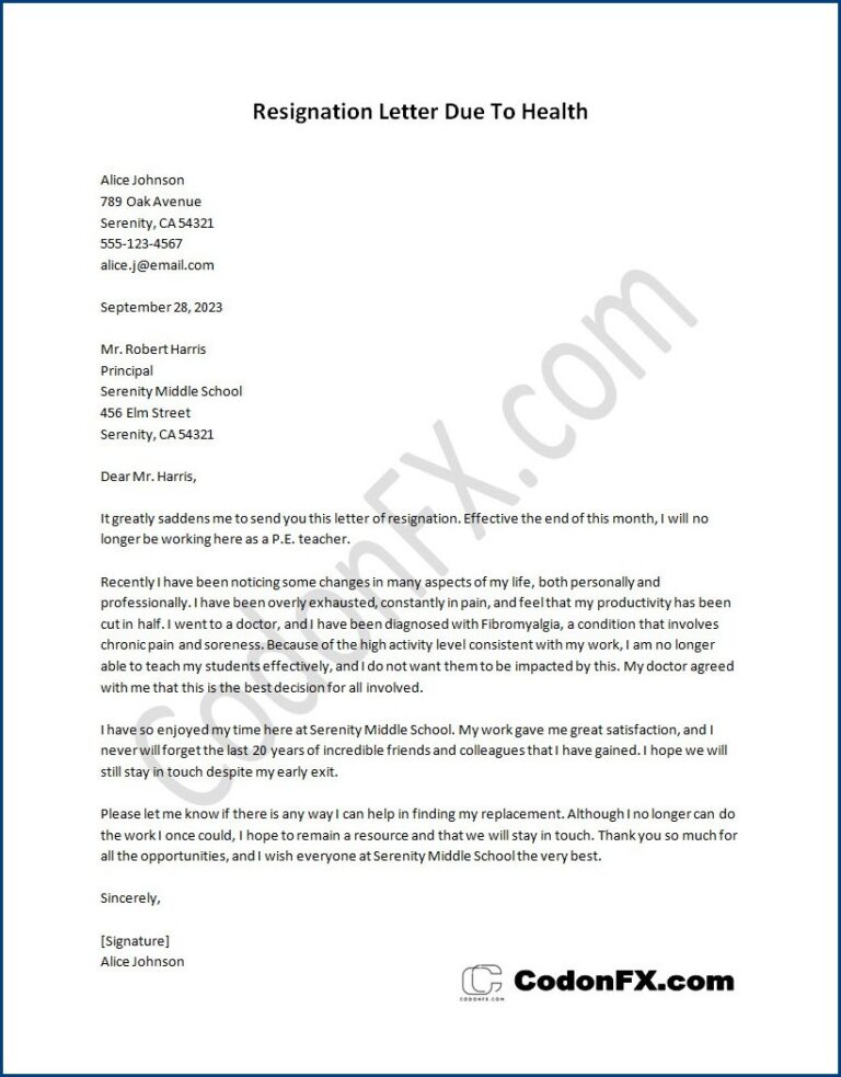 Resignation Letter Template Due To Health