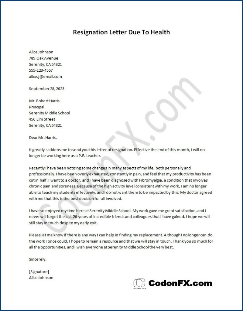 Resignation Letter Template Due To Health