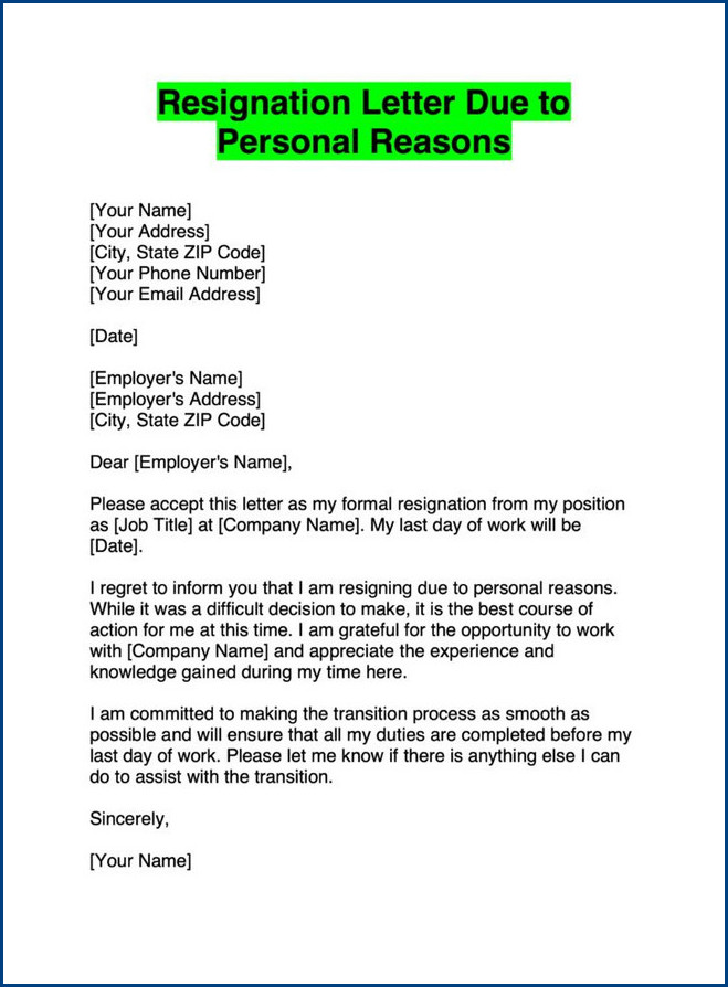 Resignation Letter Template for Personal Reasons Resignation Letter Template for Personal Reasons