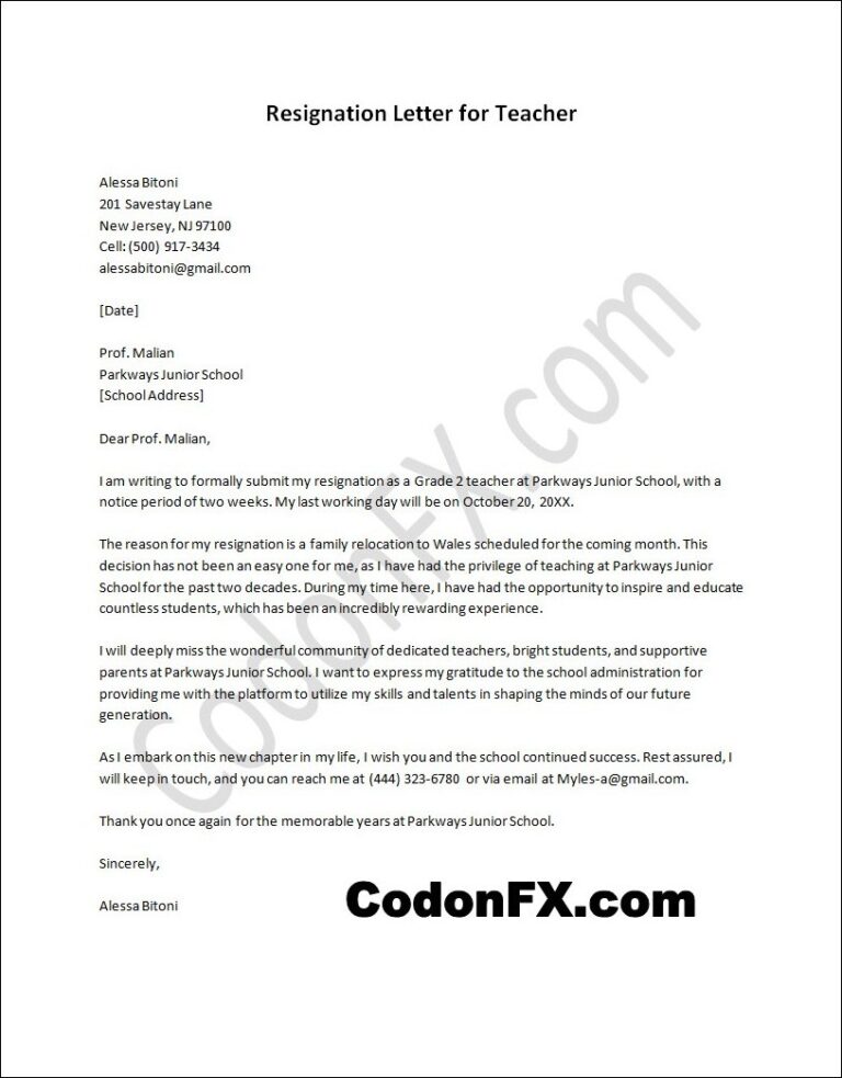 Resignation Letter Template For Teacher (with Sample)