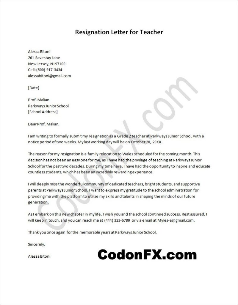 Resignation Letter Template For Teacher (with Sample)