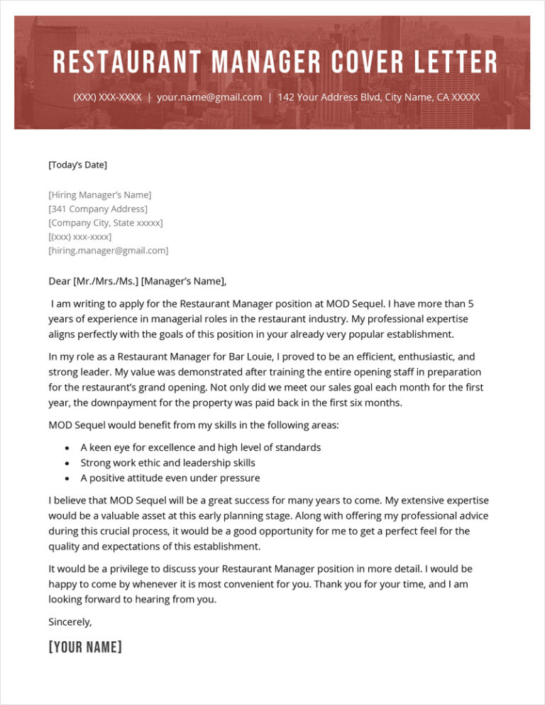 Printable Restaurant Management Cover Letter Template