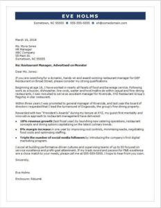 Printable Restaurant Management Cover Letter Template