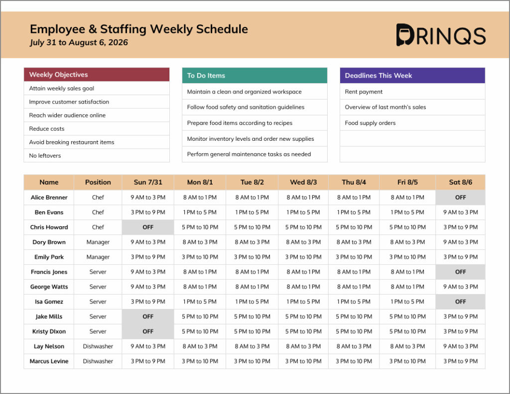 Free Printable Restaurant Schedule Template