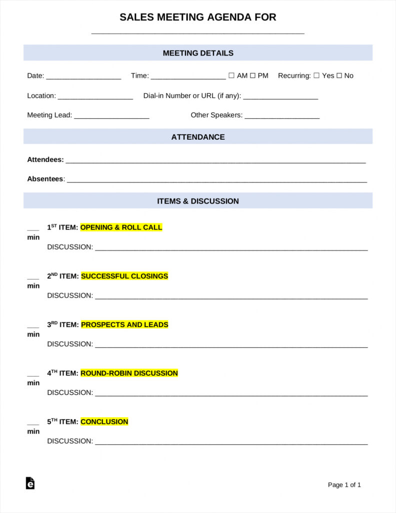 Free Printable Sales Meeting Agenda Template