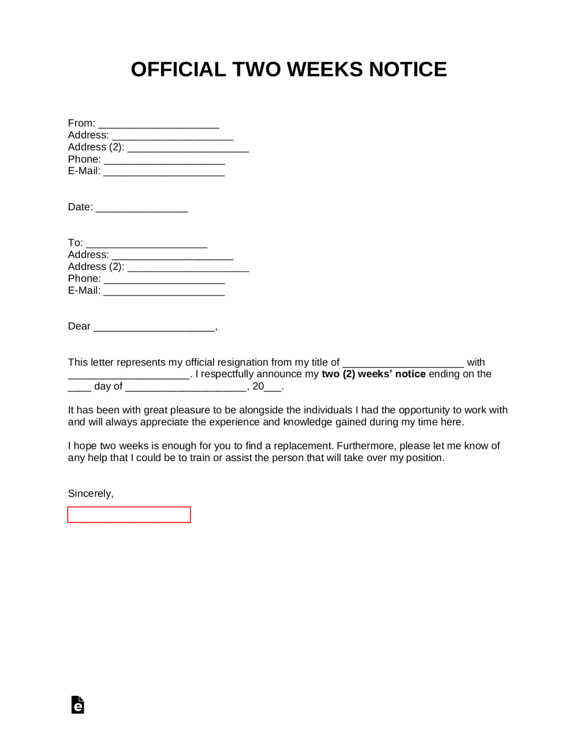Printable 1-Week Notice Resignation Letter Template