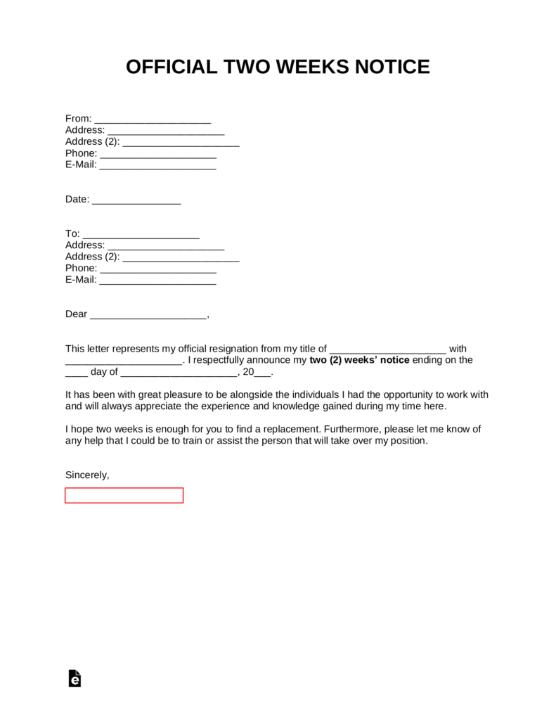 Printable 1-Week Notice Resignation Letter Template