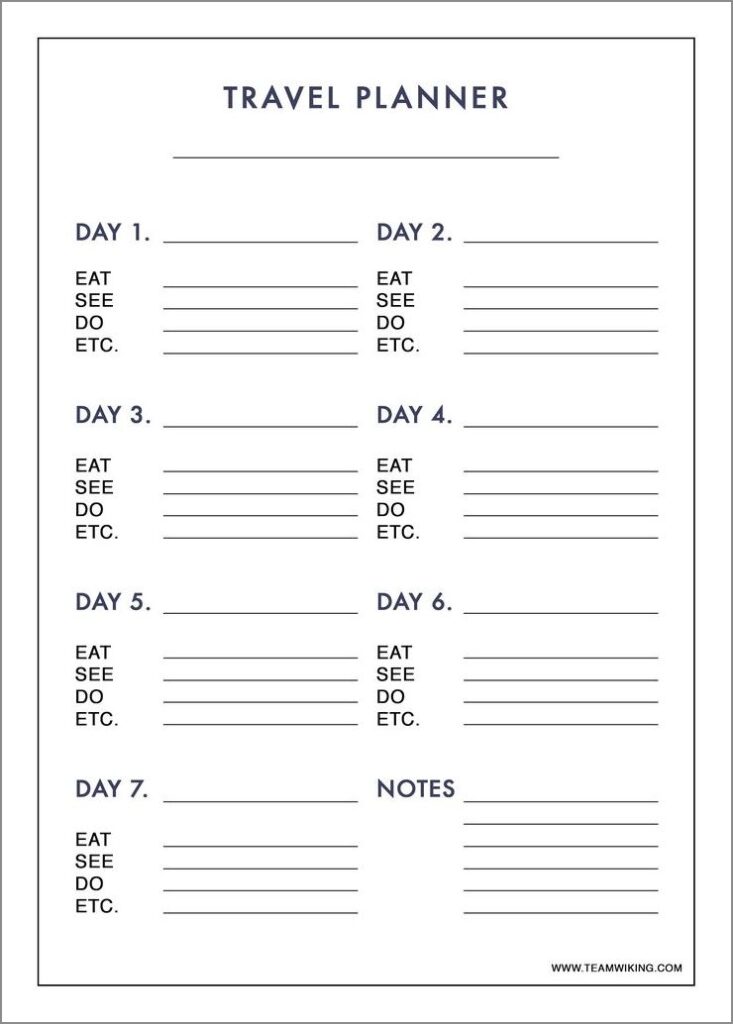 Printable 2-Weeks Travel Itinerary Template