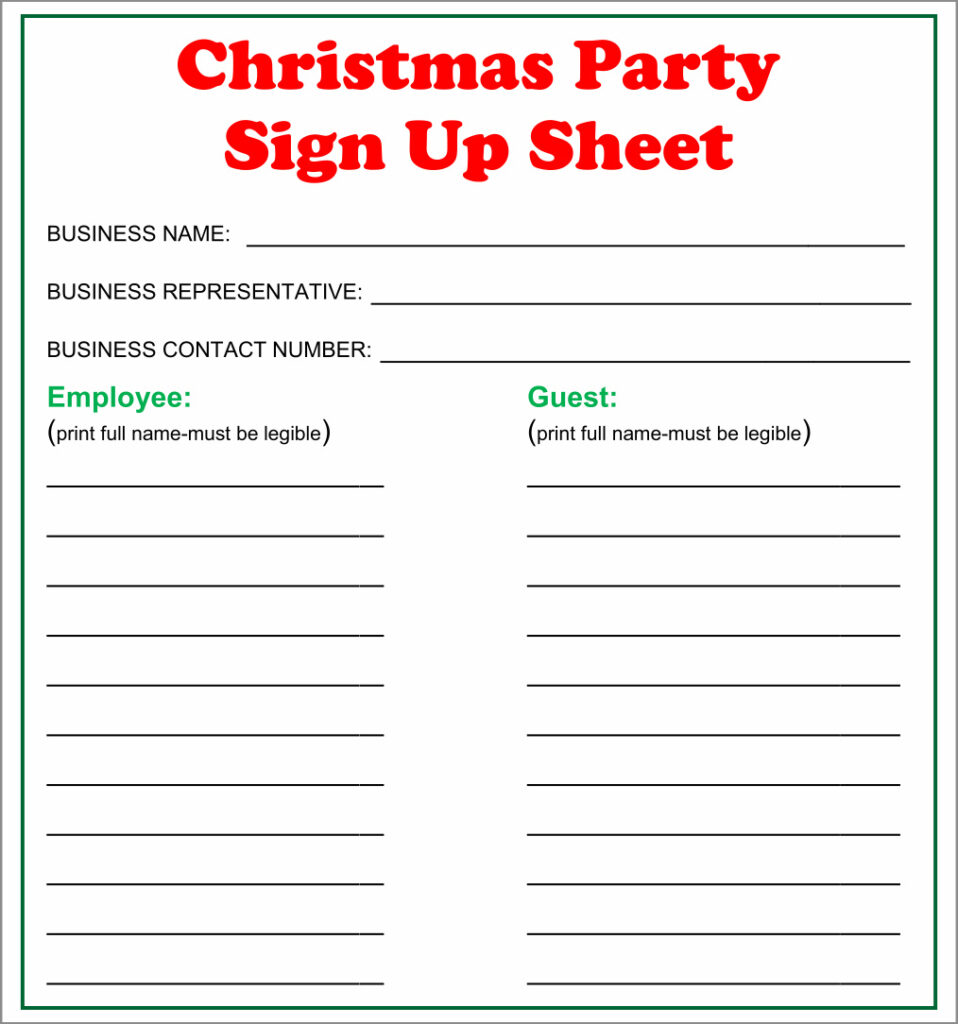 Printable Christmas Party Sign-up Sheet Template