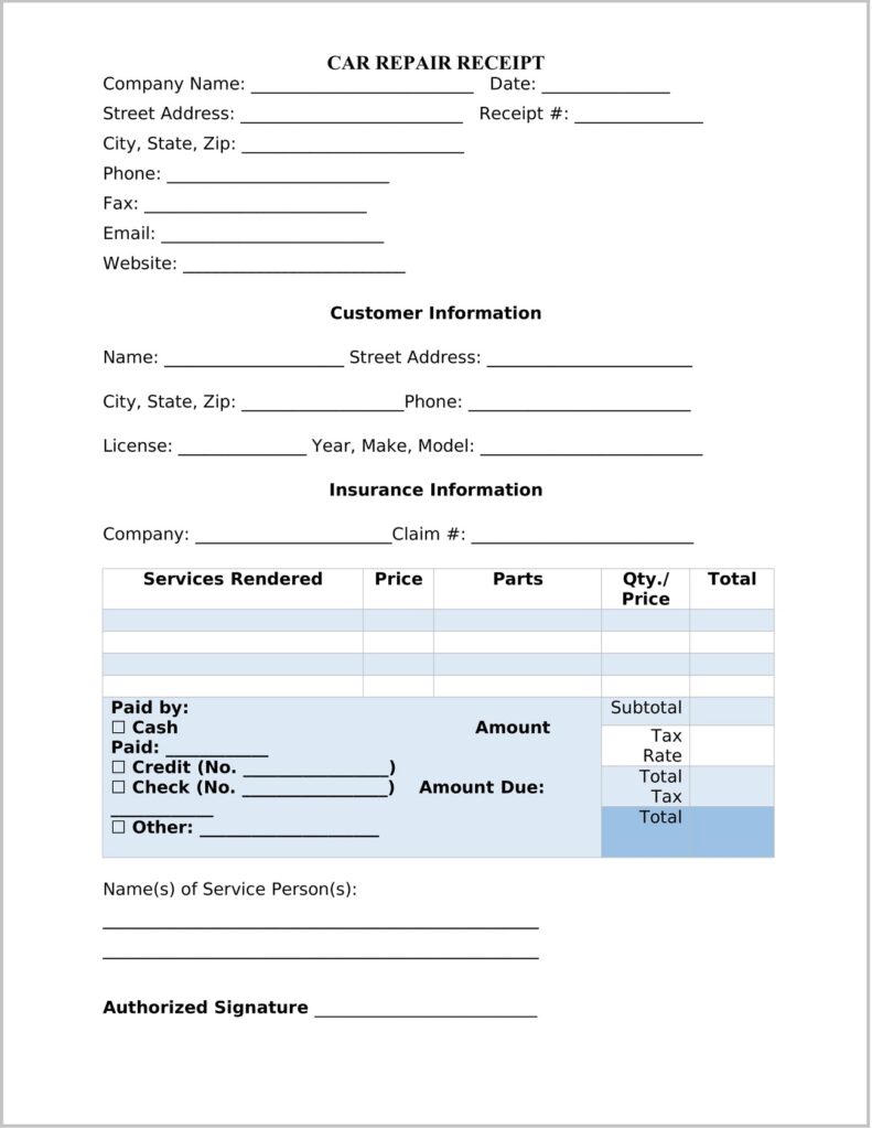 Car Repair Receipt Template