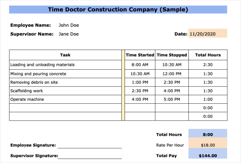 Printable Construction Employee Timesheet Template