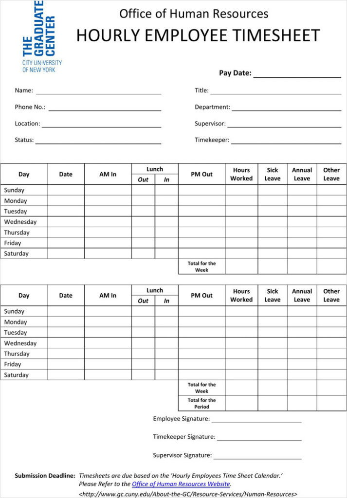 Free Printable Hourly Employee Timesheet Template