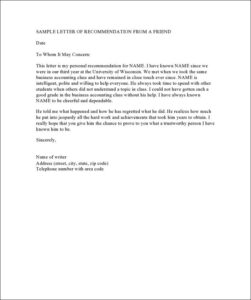 Letter of Recommendation Template for Friend