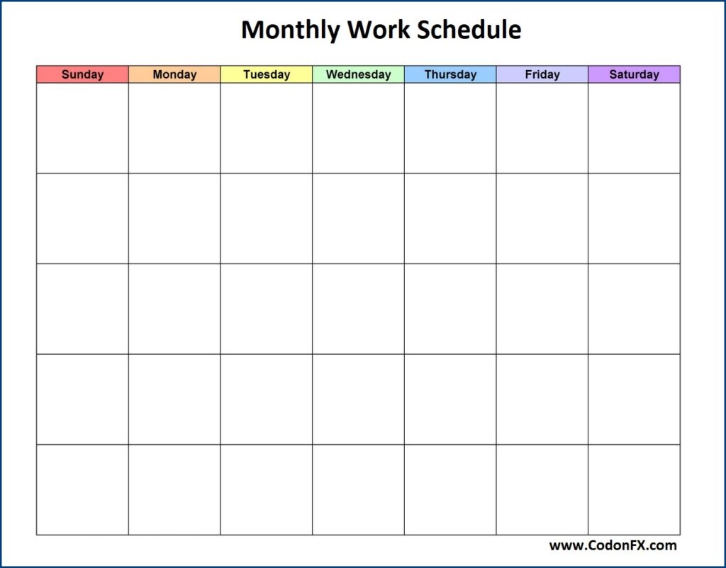 Monthly Work Schedule Template (Free Printable)