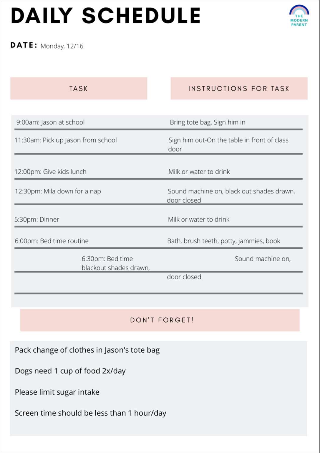 Printable Nanny Schedule Template