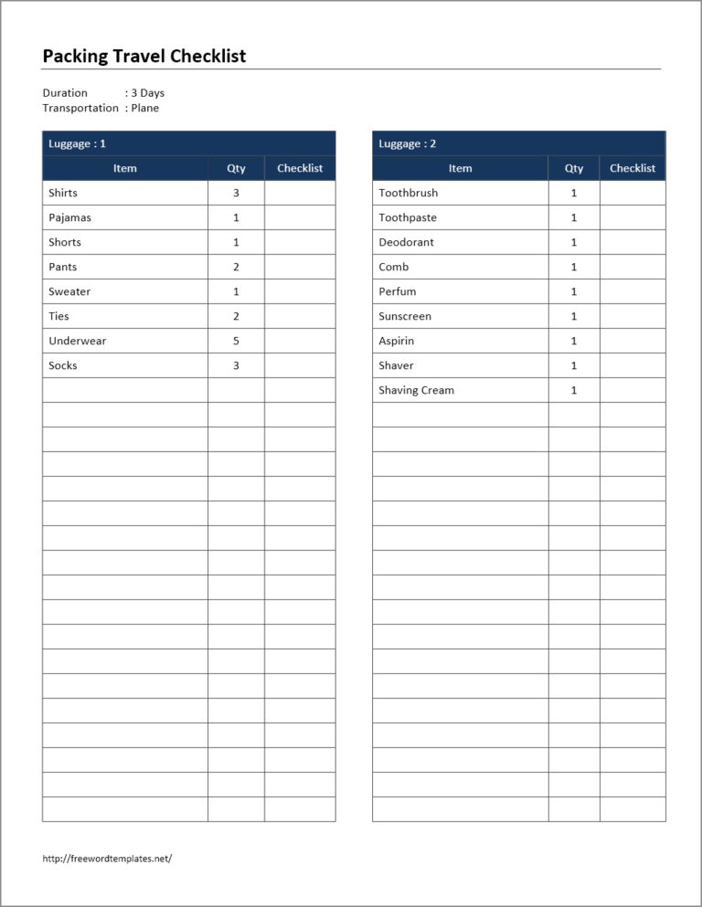 Free Printable Packing Checklist Template
