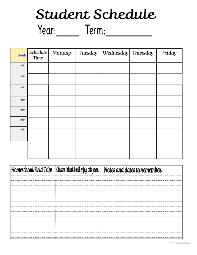 Printable Student Schedule Template