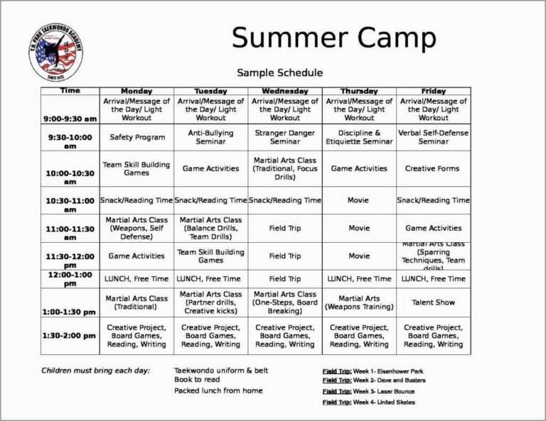 Summer Camp Schedule Template