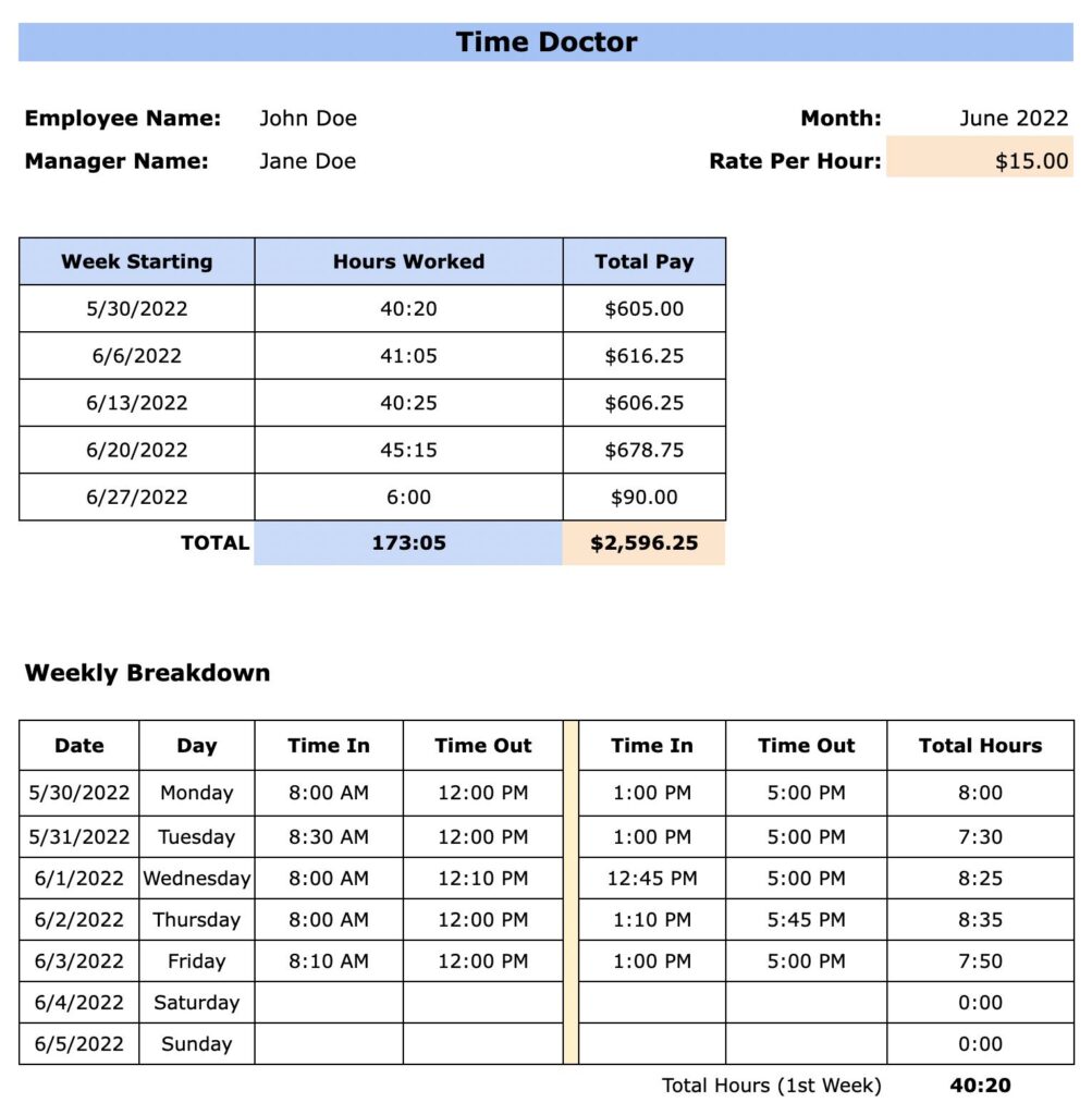 Timesheet Template For Software Development [Excel]