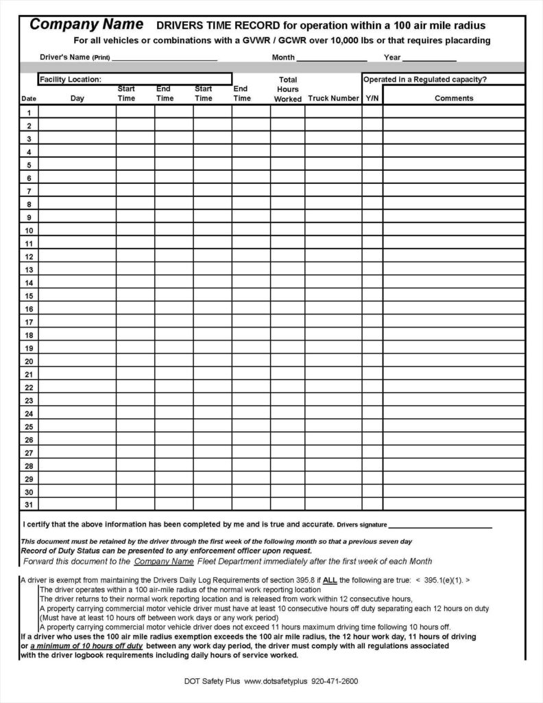 Printable Timesheet Template For Truck Drivers