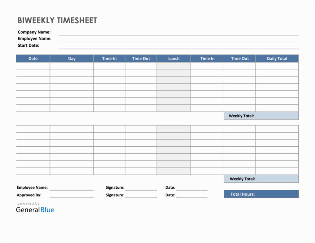 Printable Timesheet Template With Lunch Break