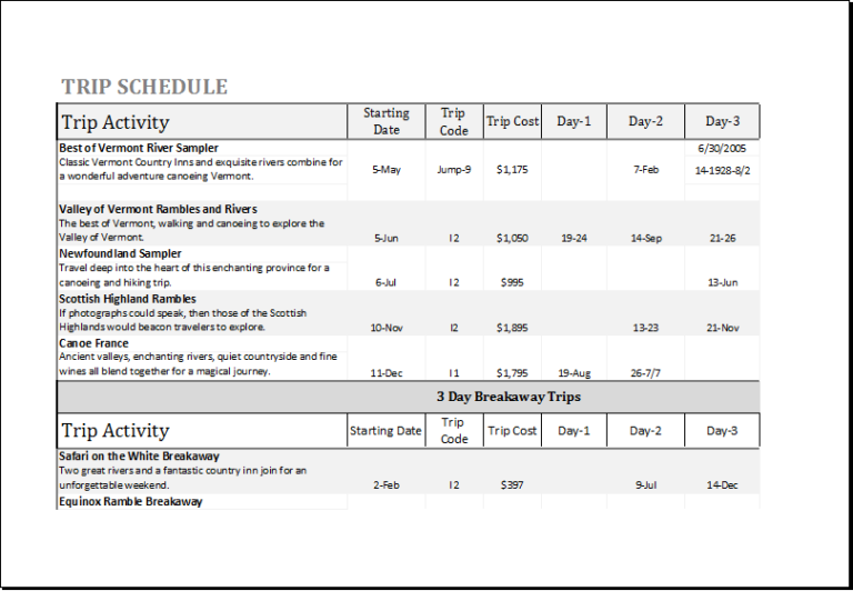 Trip Schedule Template