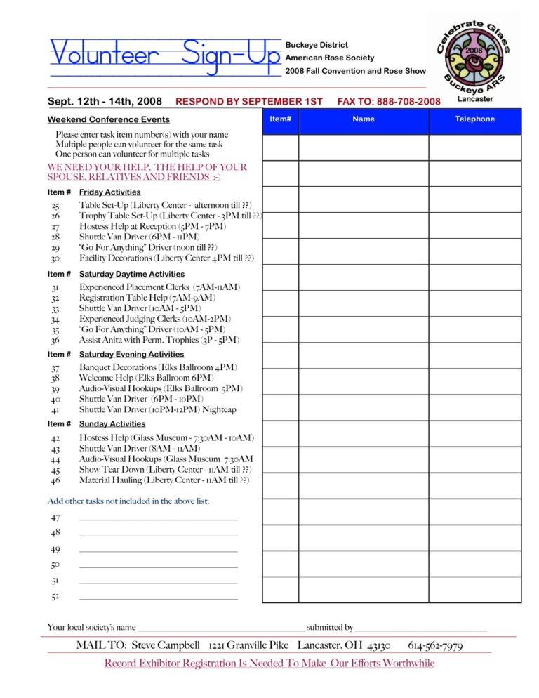 Volunteers Sign-up Sheet Template