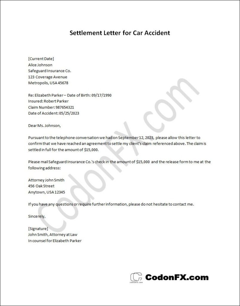 Settlement Letter Template for Car Accident