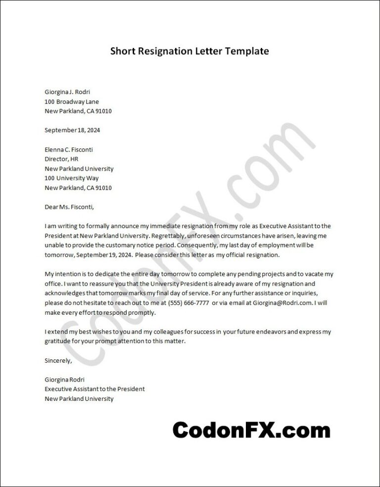 Short Resignation Letter Template (with Sample)