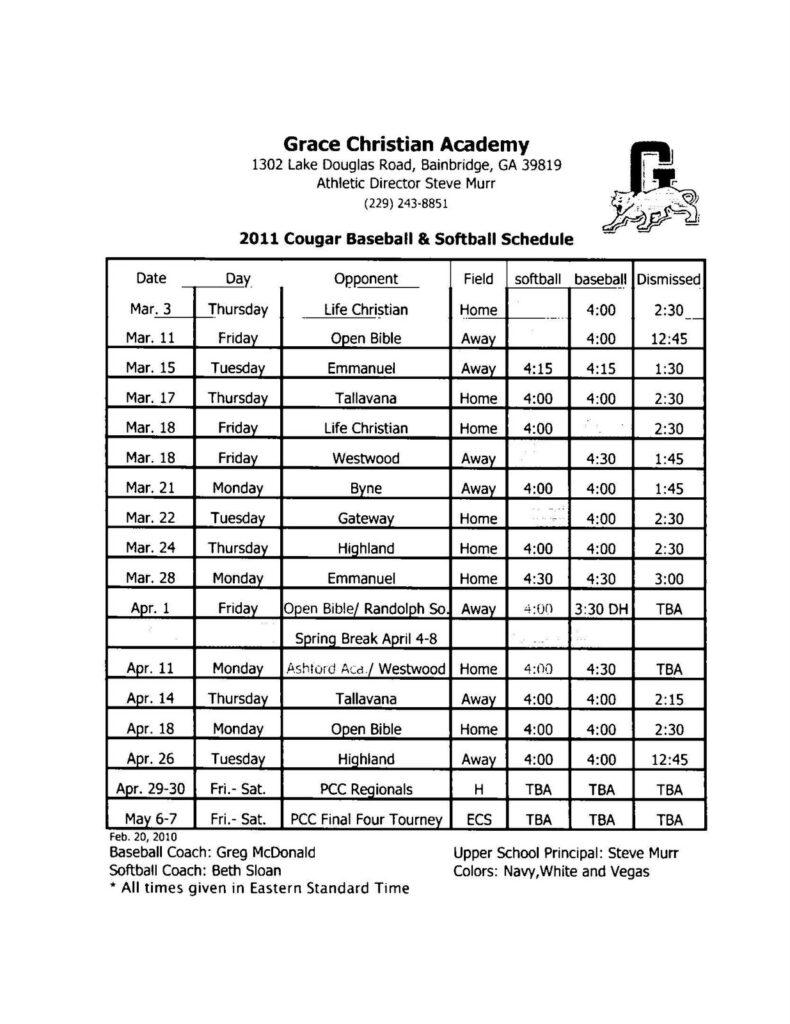 Softball Schedule Template