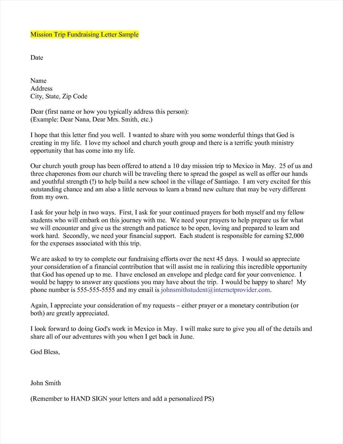 Printable Support Letter Template For Missions Trip