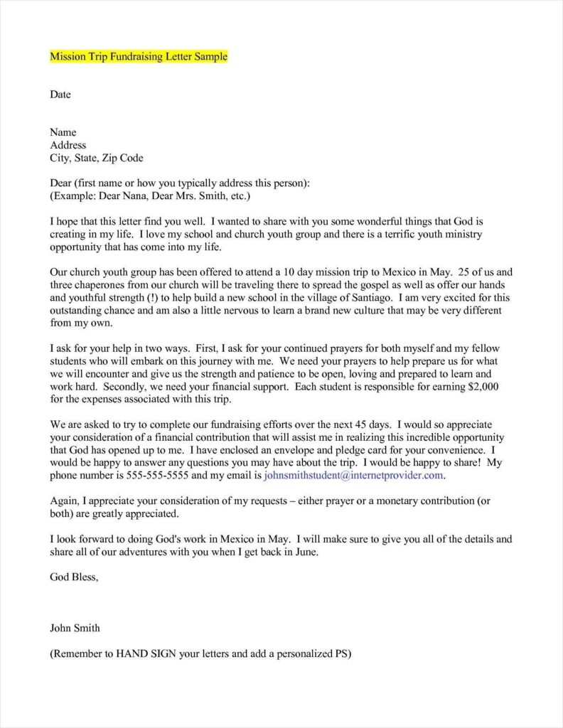 Printable Support Letter Template For Missions Trip