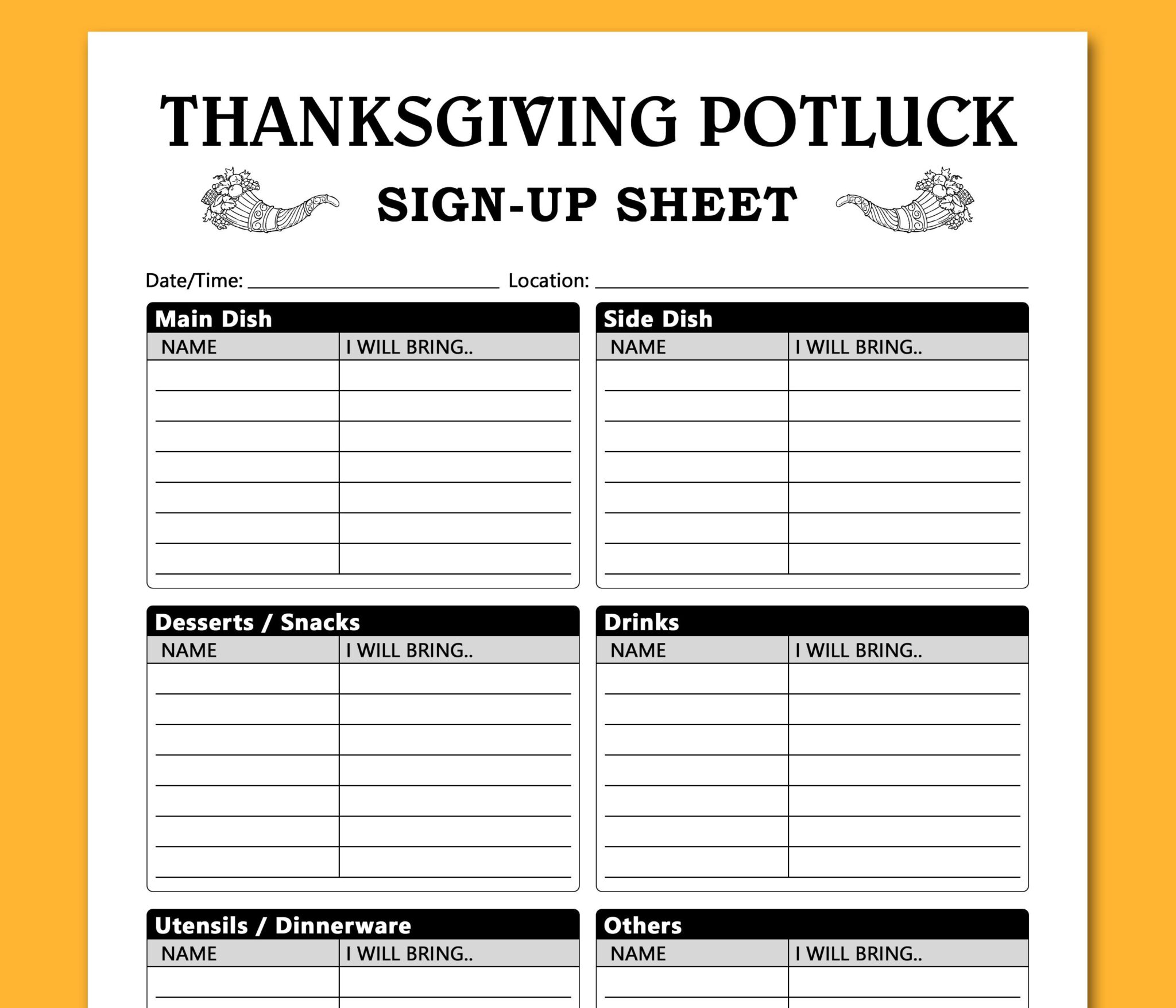 Thanksgiving Dinner Sign-up Sheet Template
