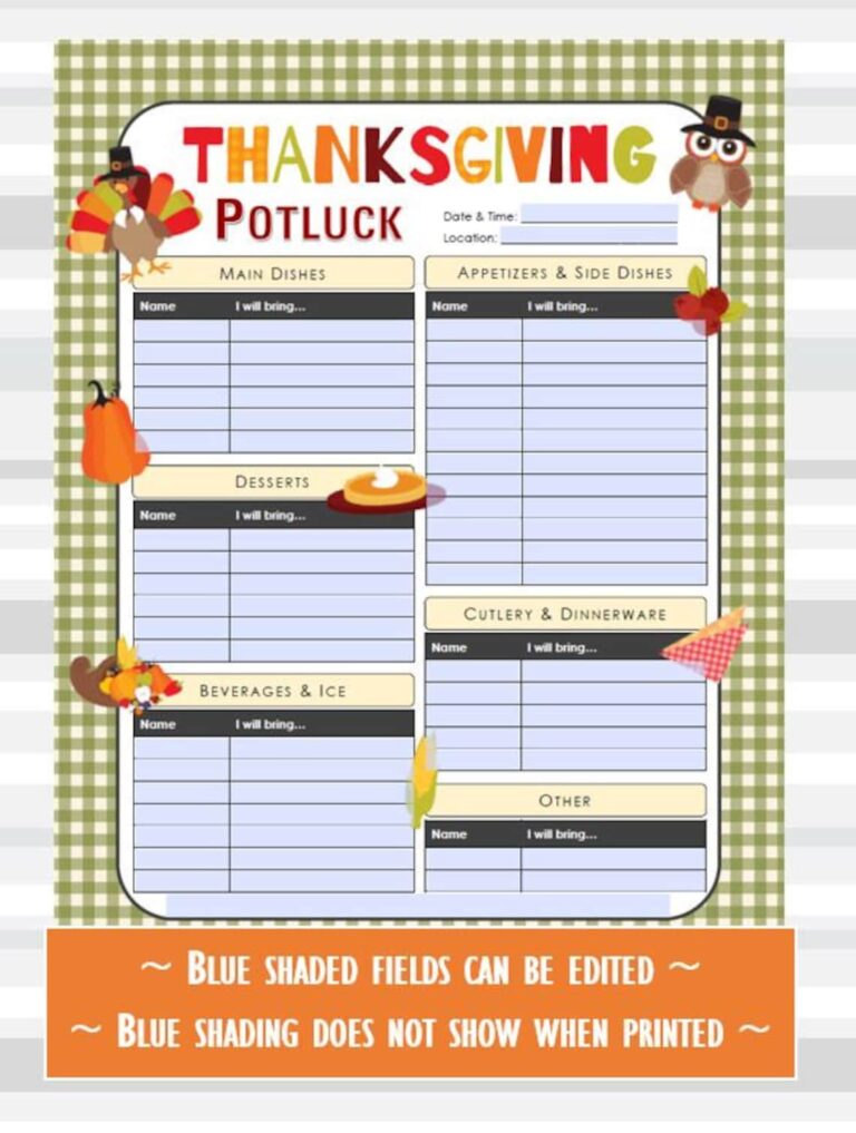 Thanksgiving Potluck Sign-up Sheet Template