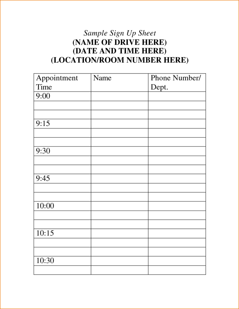 Time Slot Sign-up Sheet Template
