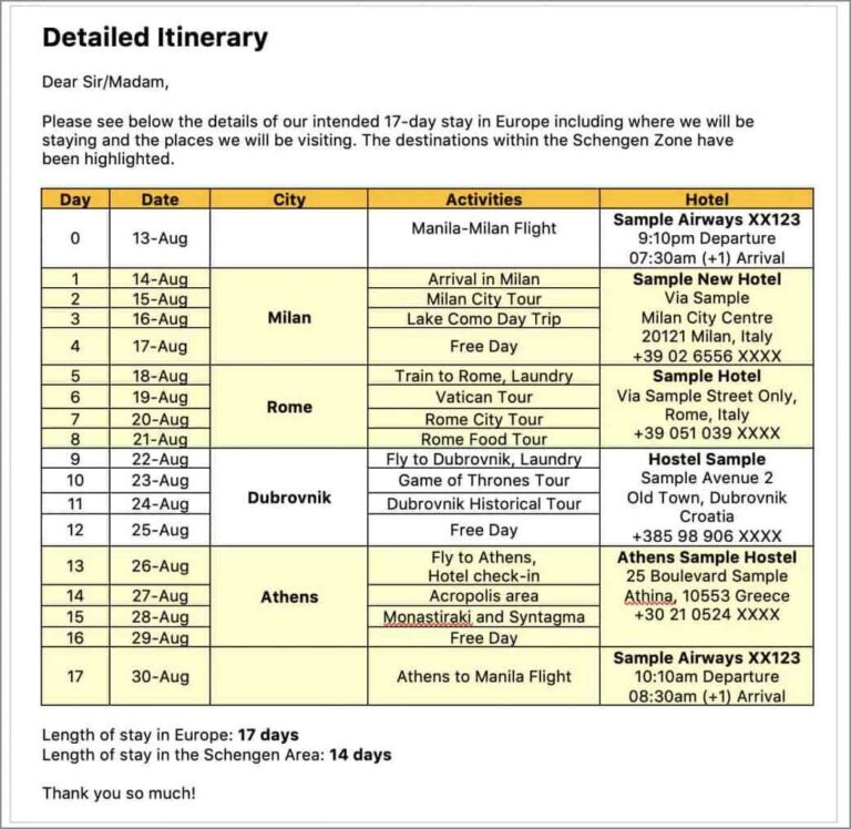 Travel Itinerary Template For Schengen Visa