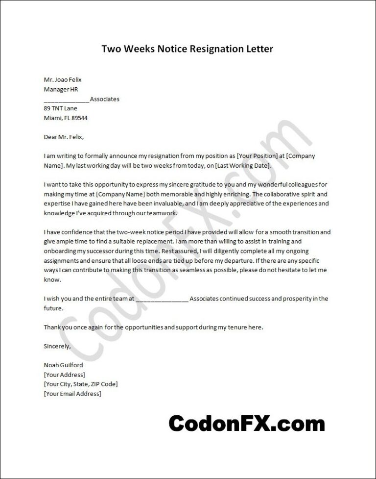 Two Weeks Notice Resignation Letter Template (with Sample)