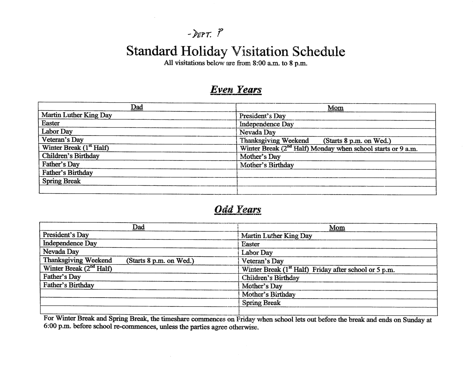 Visitation Schedule Template
